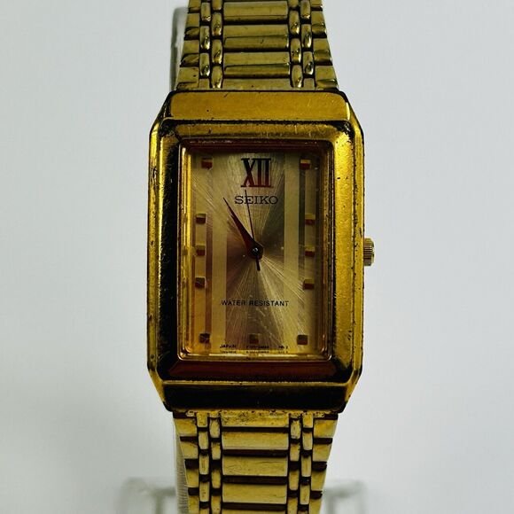 Seiko | Accessories | Vtg Seiko Watch Women 23mm Gold Tone Gold Dial V75e90 New Battery 65 ...